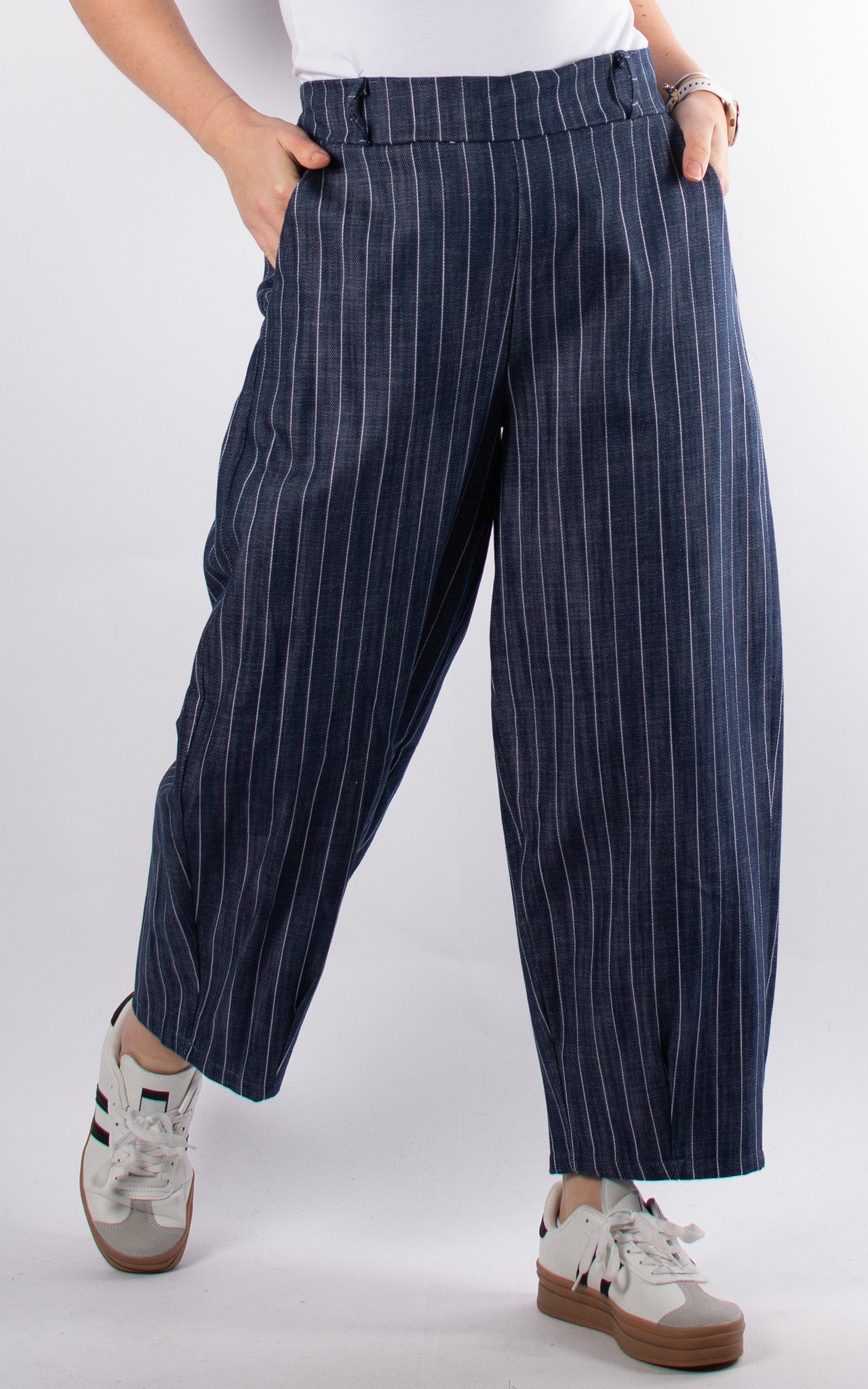 Pinstripe Denim Barrell Leg | Dark Denim – Room Lytham